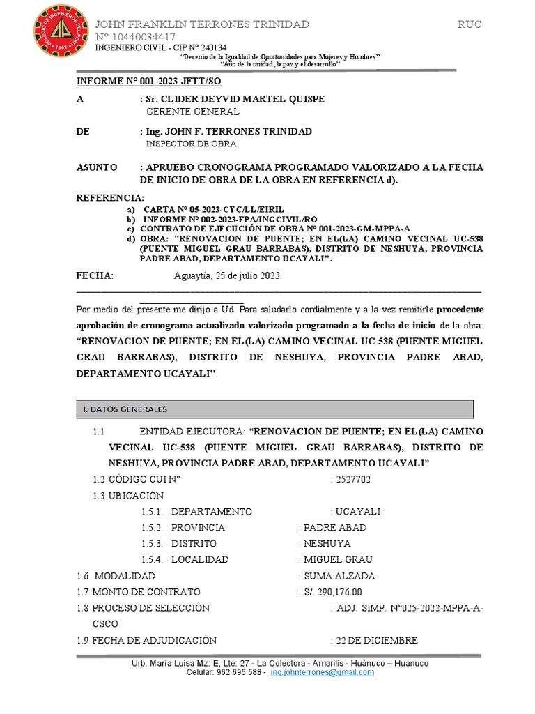 Informe #001 - Aprobacion de de Cronograma Programado Valorizado A La ... Informe #001 - Aprobacion de de Cronograma Programado Valorizado A La ...