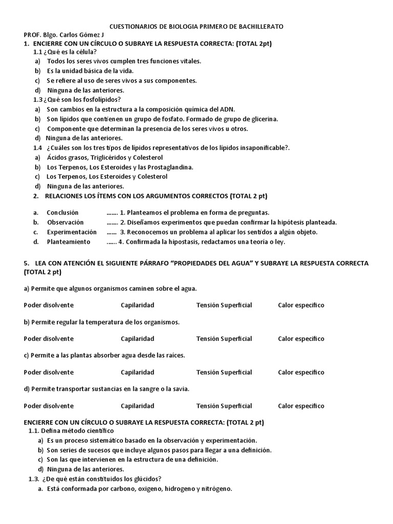 CUESTIONARIOS DE BIOLOGIA 1er DE BACHILLERATO 2023 | PDF | Carbohidratos | Lípido