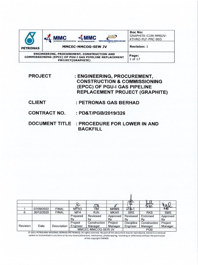 PLF-PRC-003 - R1 - PROCEDURE FOR LOWER IN AND BACKFILL - Signed | PDF | Pipe (Fluid Conveyance ...