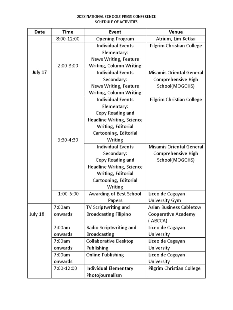 NSPC Schedule of Activities - UPDATED | PDF