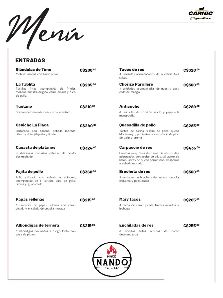 Menú de Nando: Platos y Precios | PDF
