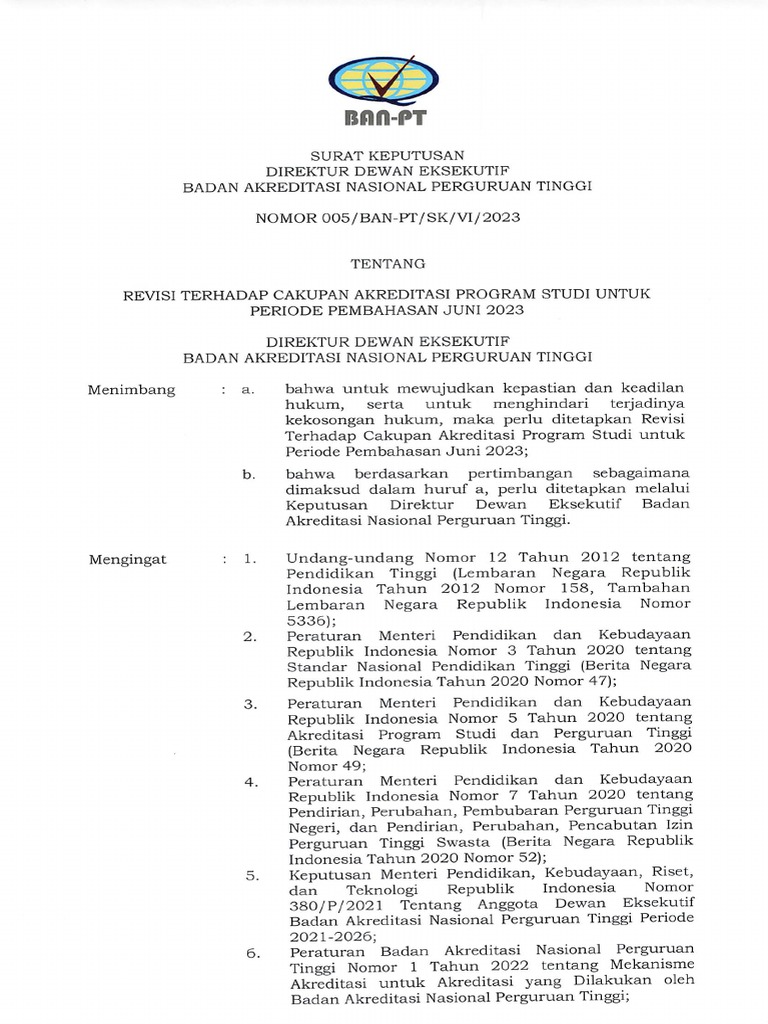 Nomor 005.BAN PT - SK .VI .2023 Cakupan Akreditasi Program Studi | PDF