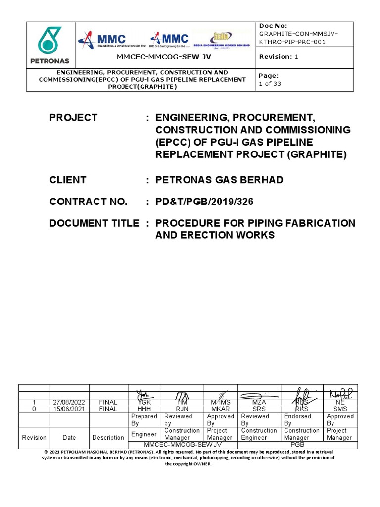 PIP-PRC-001 - R1 - PROCEDURE FOR PIPING FABRICATION AND ERECTION WORKS - Signed | PDF | Computers