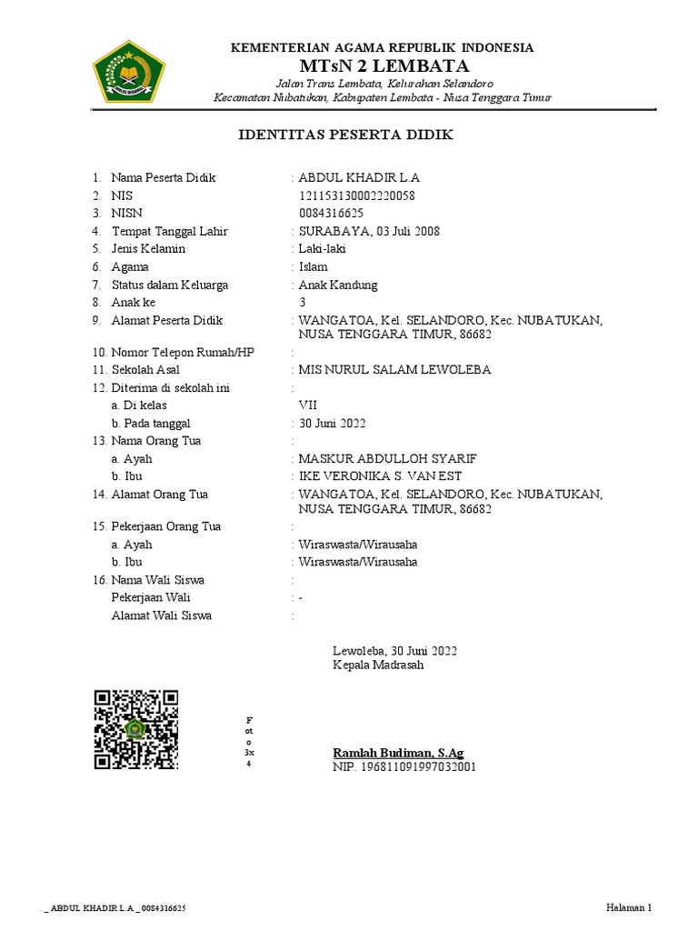 Identitas Kelas VIIC | PDF