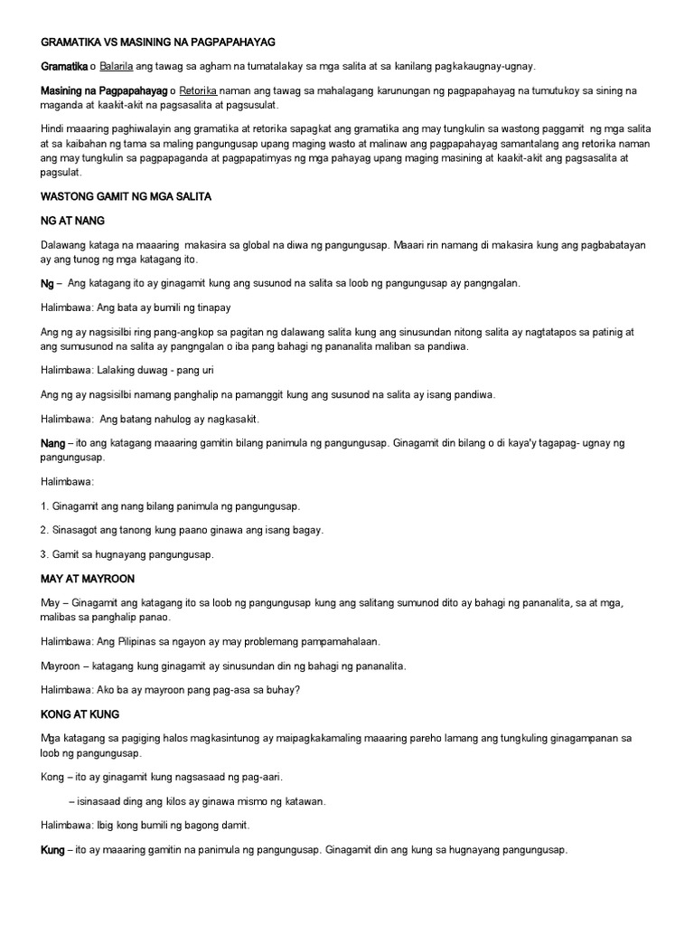 Gramatika VS Masining Na Pagpapahayag | PDF