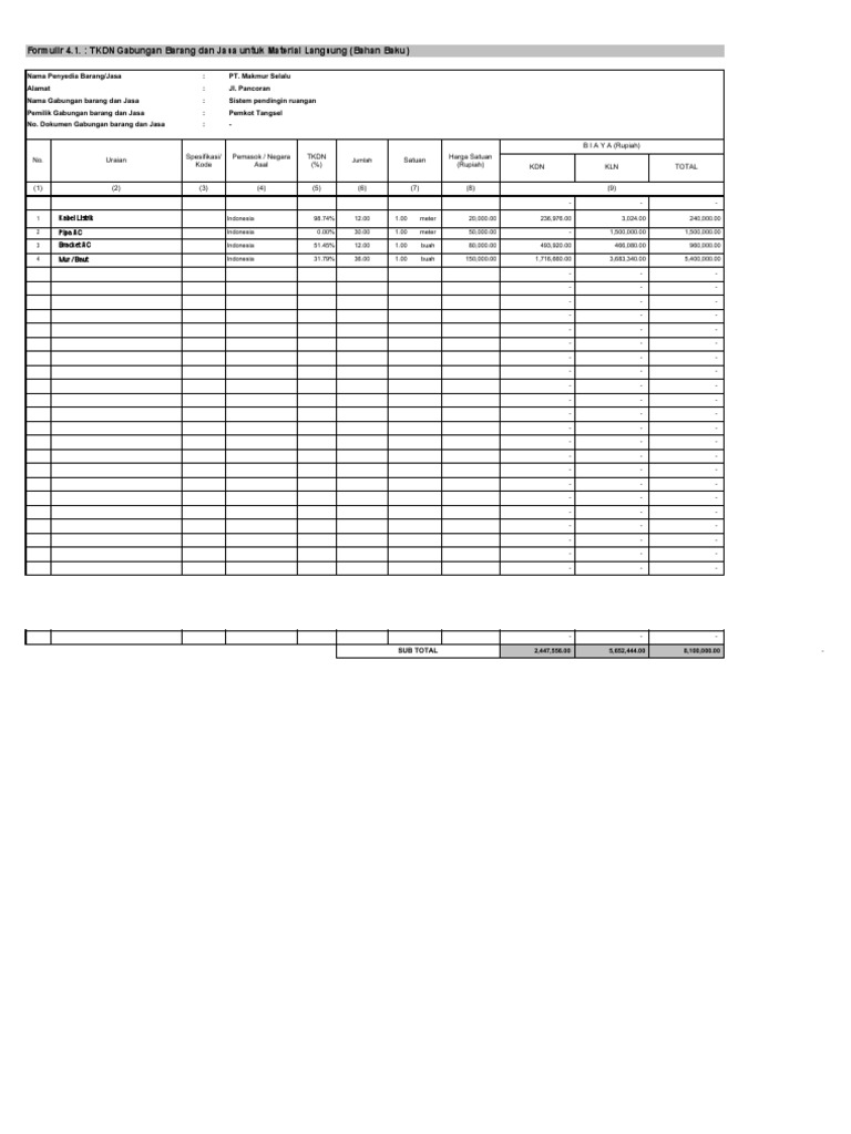 Formulir TKDN Gabungan Barang Dan Jasa-Simulasi 1 | PDF
