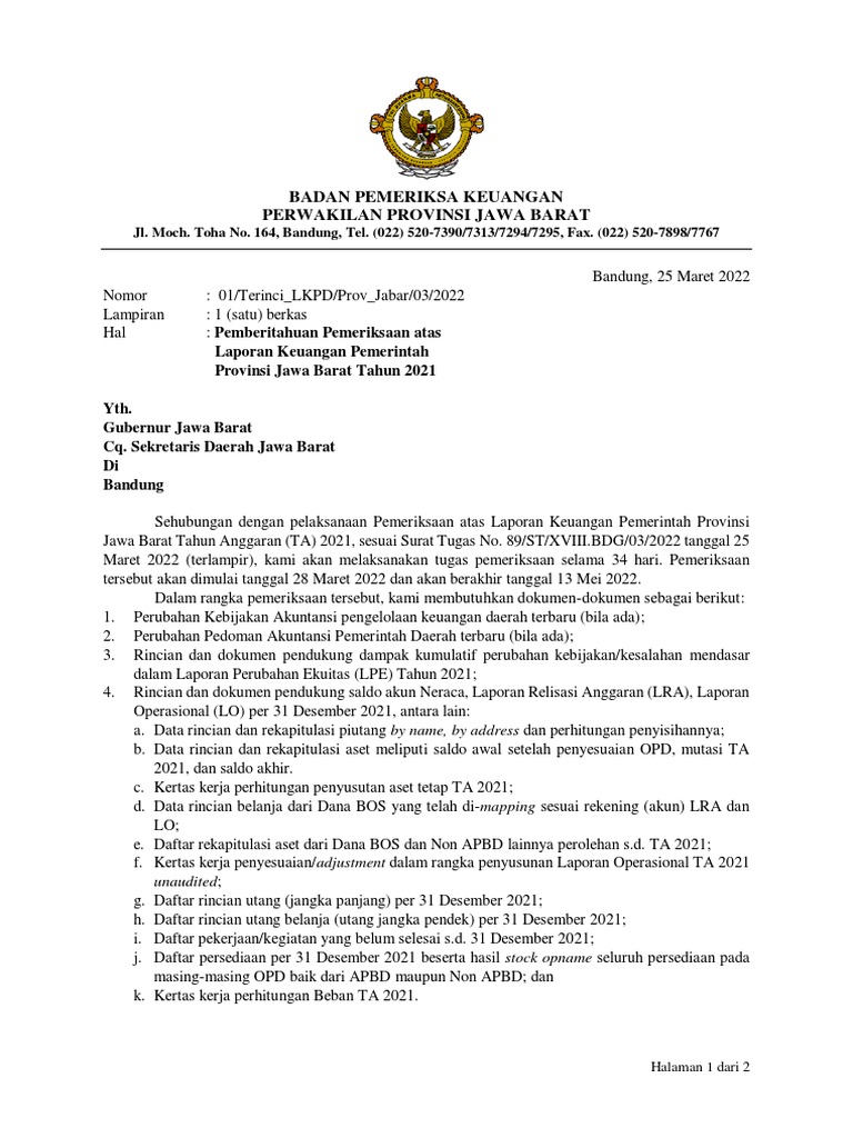 Surat Pemberitahuan LKPD Prov. Jabar TA 2021 - Ok | PDF
