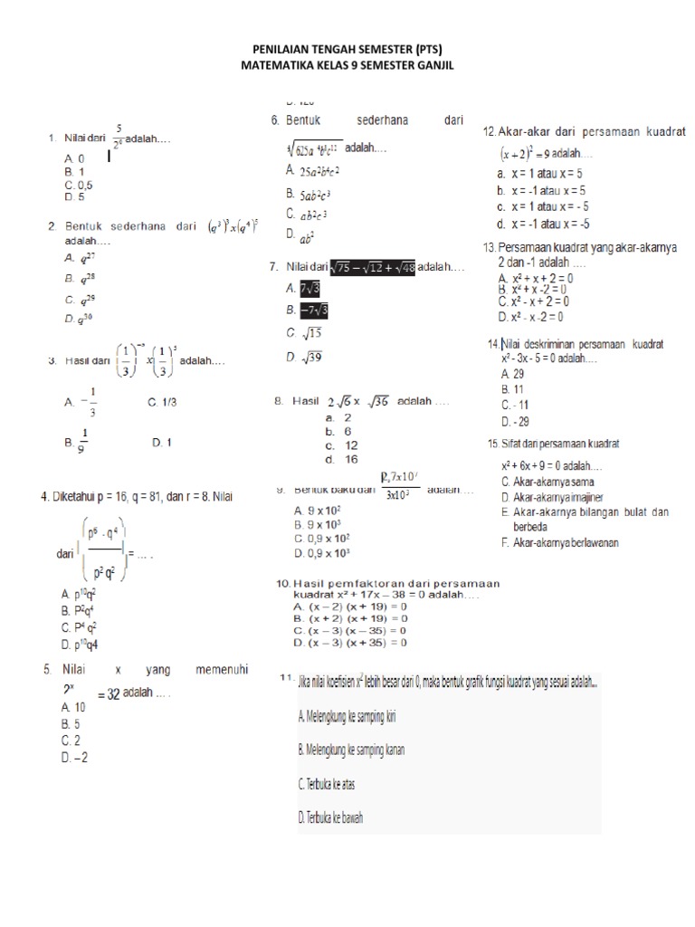 Penilaian Tengah Semester (PTS) Matematika Kelas 9 Semester Ganjil | PDF