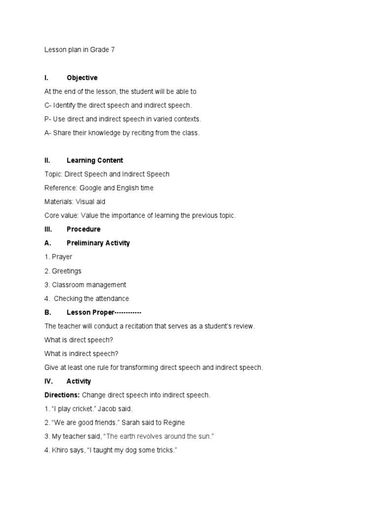 Lesson Pal Grade 7 Direct Speech and Reported Speech Recitation | PDF