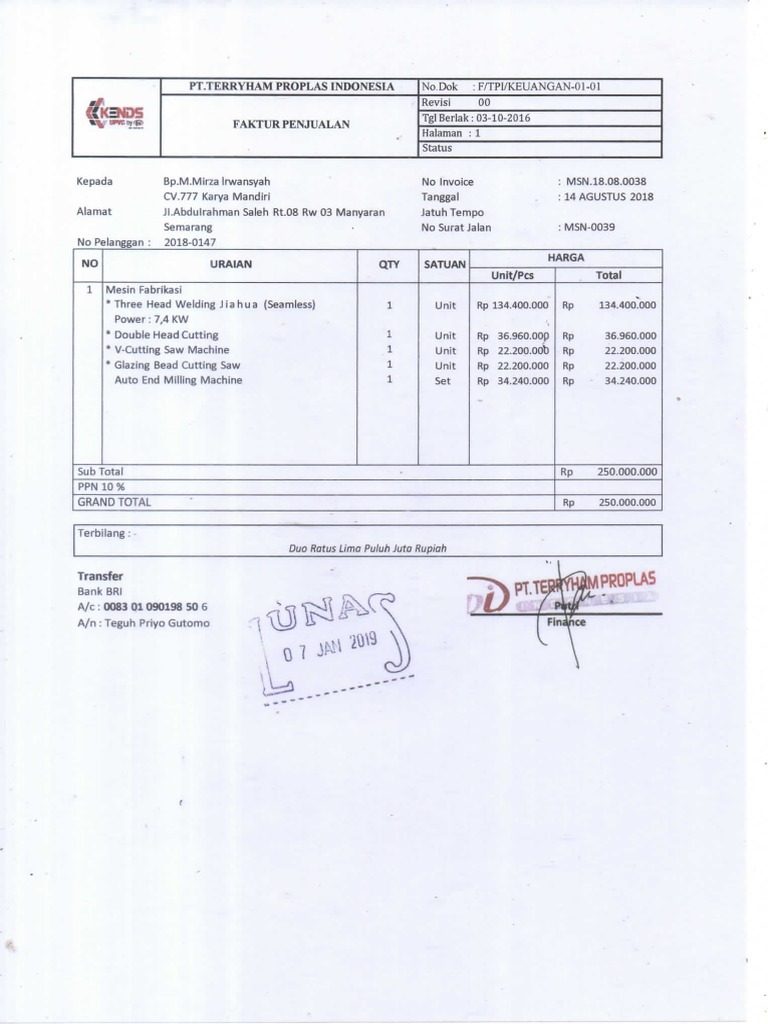 Invoice Mesin Upvc 7,4 KW | PDF