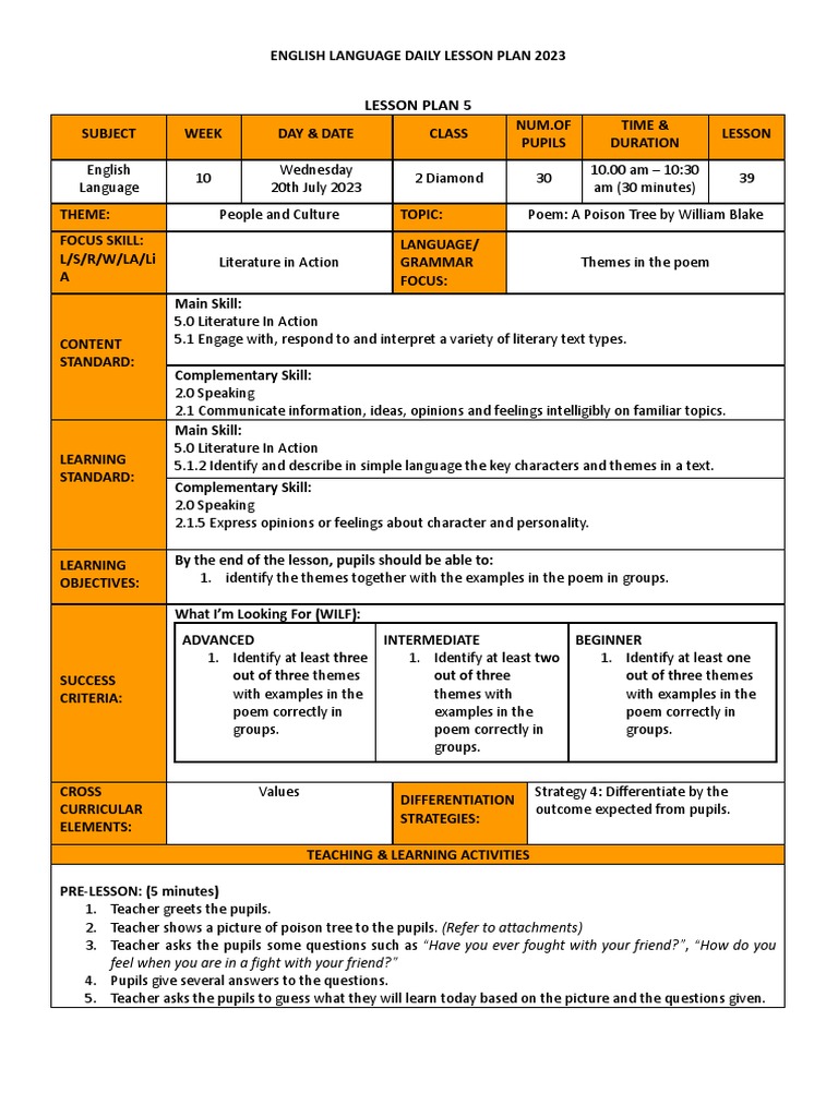Lesson Plan Poetry 5 | PDF | Lesson Plan | Poetry