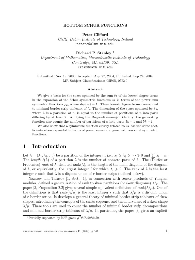 Bottom Schur Functions | PDF | Combinatorics | Discrete Mathematics
