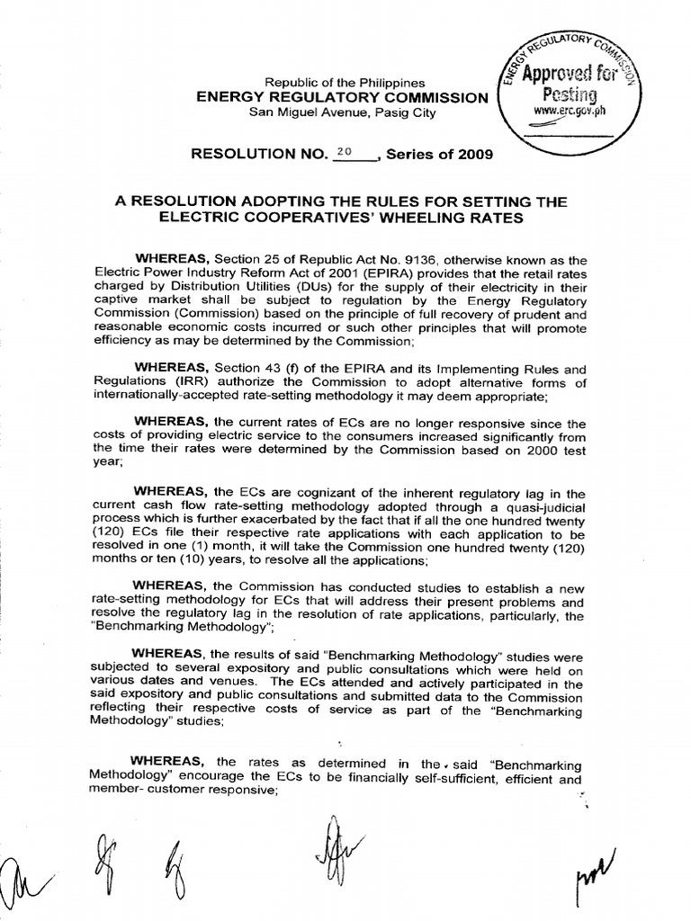 Resolution No. 20, Series of 2009, A Resolution Adopting The Rules For Setting The Electric ...