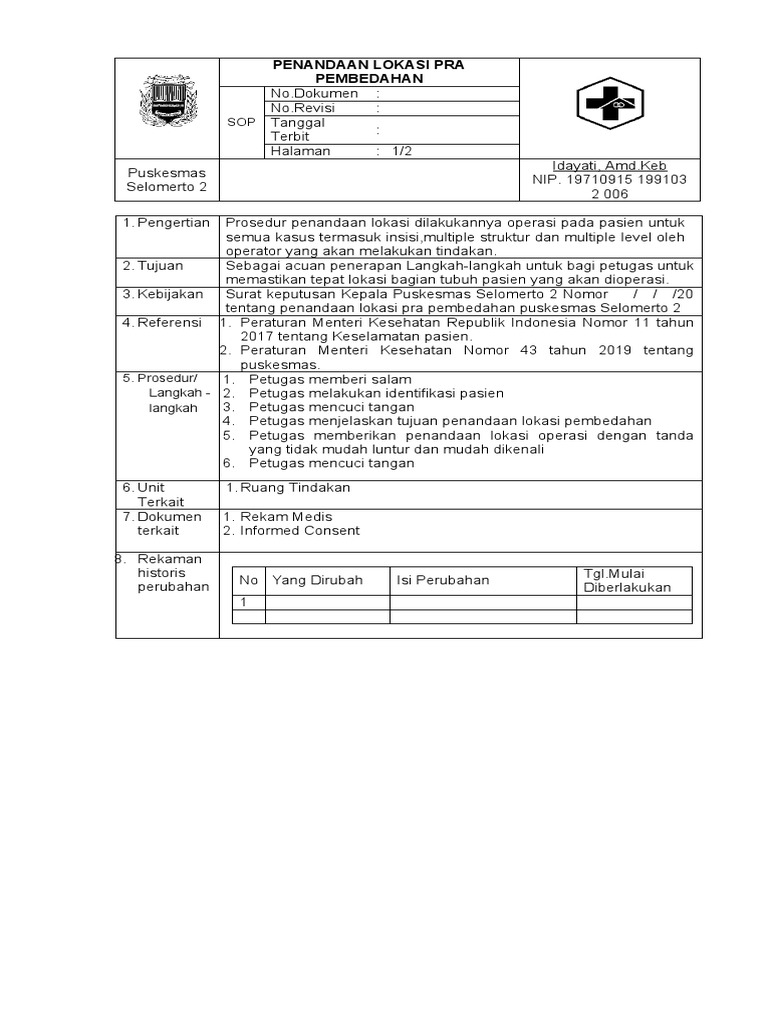 Sop PENANDAAN LOKASI PRA PEMBEDAHAN | PDF
