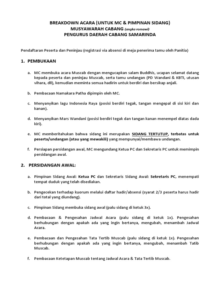 3A. Breakdown Jadwal Acara Muscab (Utk MC Dan Ketua Sidang) | PDF