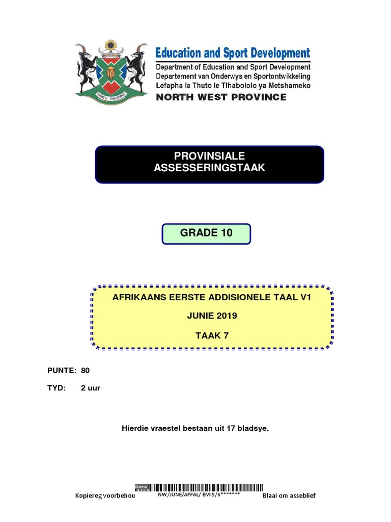 Afrikaans GR 10 FAL Vraestel 1 - 2 | PDF