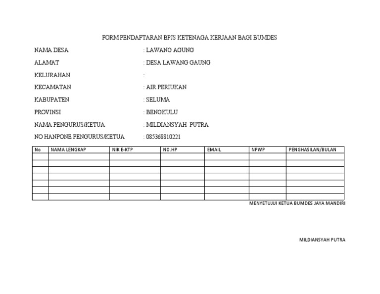 Form Pendaftaran Bpjs Ketenaga Kerjaan Bagi Bumdes | PDF