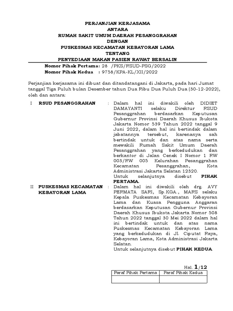 MOU Puskesmas Kec Kby Lama-Penyediaan Makan Pasien | PDF