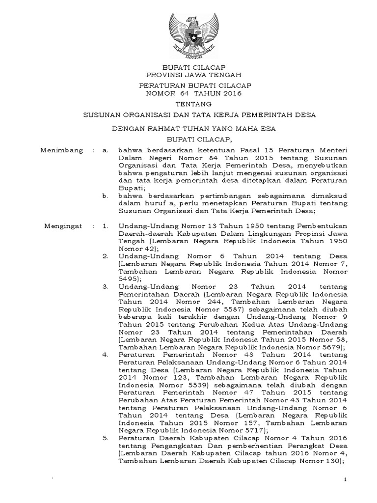 Perbup CLP 2016 64 SOTK Pemdes | PDF