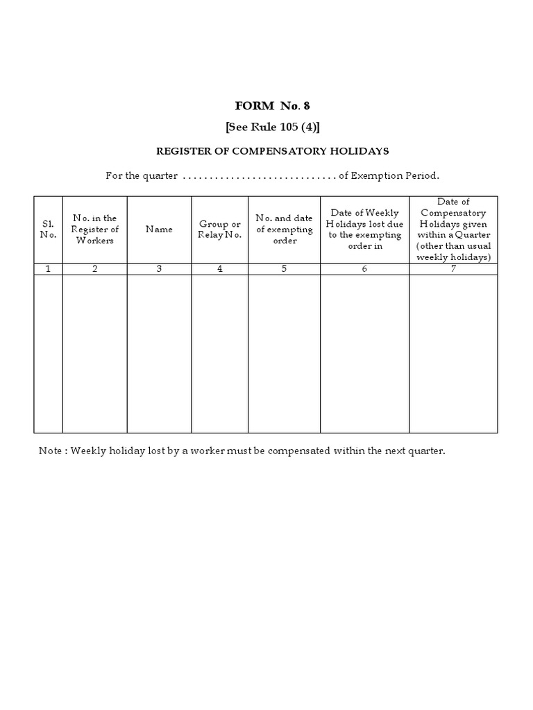 Compensatory Holidays Register Form | PDF