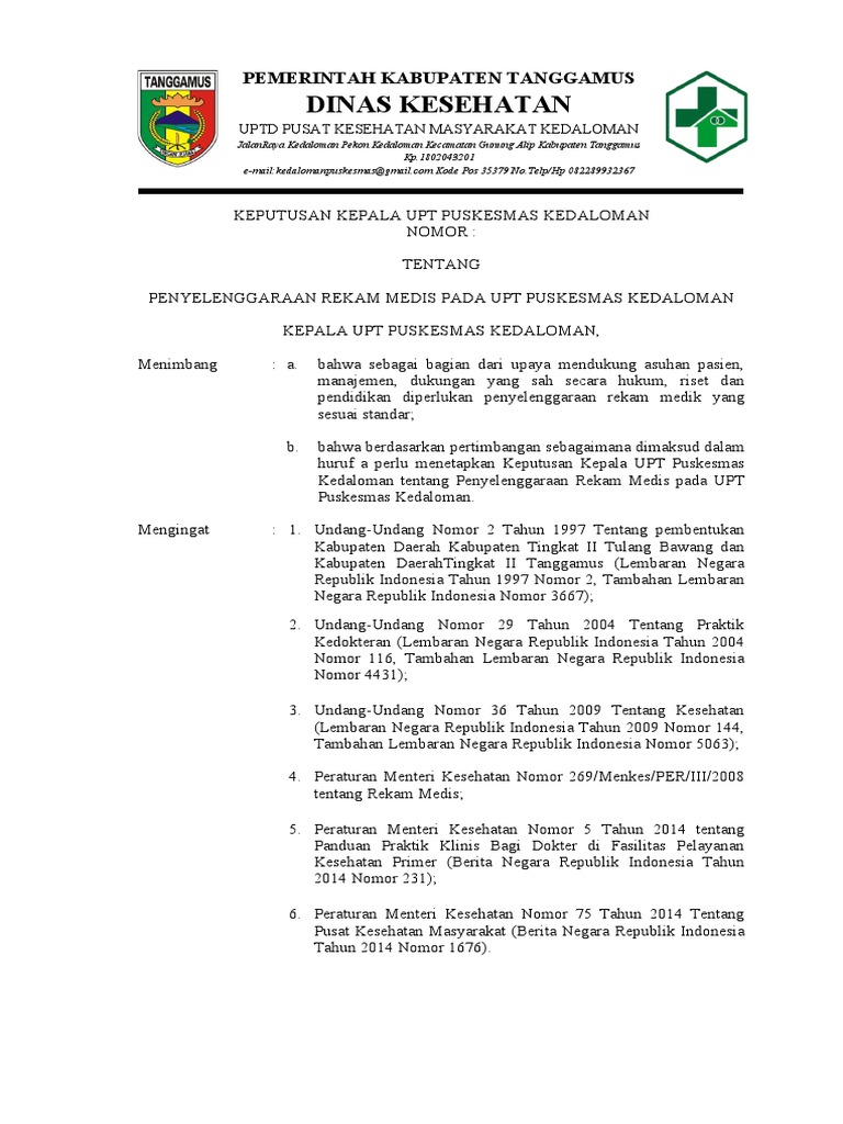 SK Kepala Puskesmas Tentang Penyelenggaraan Rekam Medis | PDF