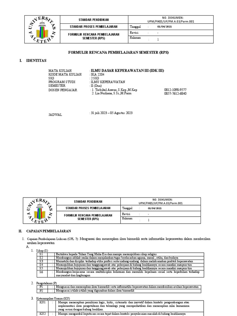RPS SP - Ilmu Dasar Keperawatan 3 REG 2023 | PDF | Karier & Perkembangan | Pengembangan Diri