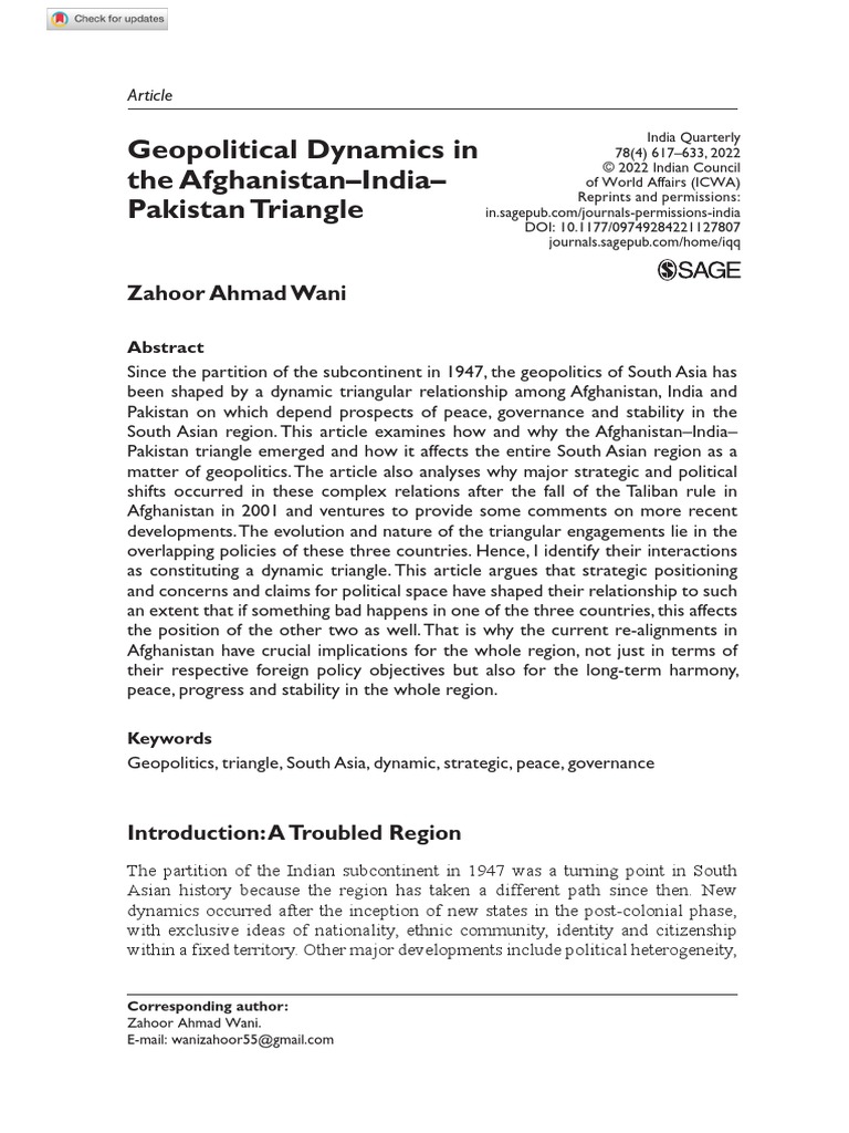 Geopolitical Dynamics of Afghanistan-India-Pakistan Triangle | PDF