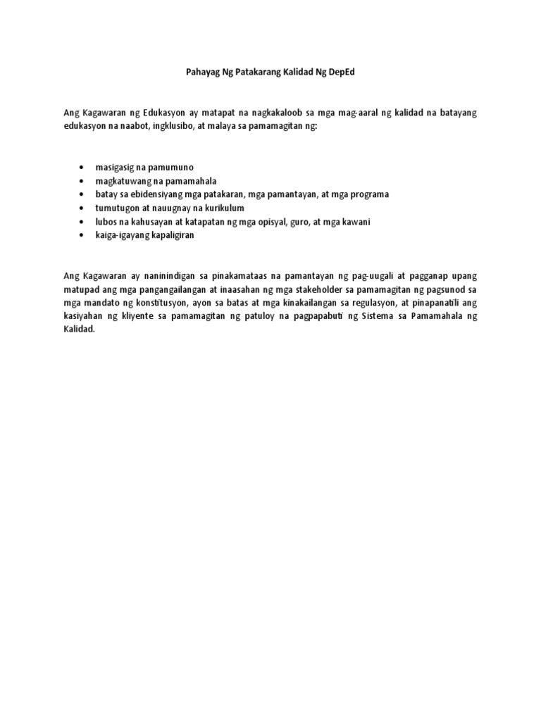 Pahayag NG Patakarang Kalidad NG DepEd - Filipino | PDF