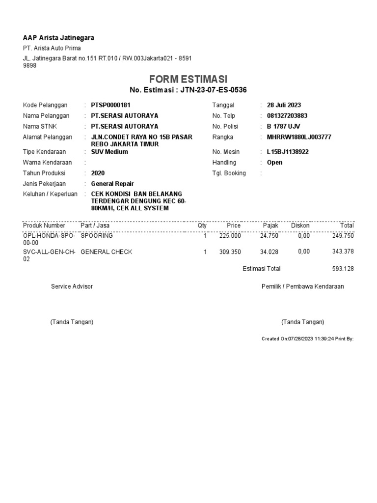Estimasi Servis SUV 2020 di AAP Arista | PDF