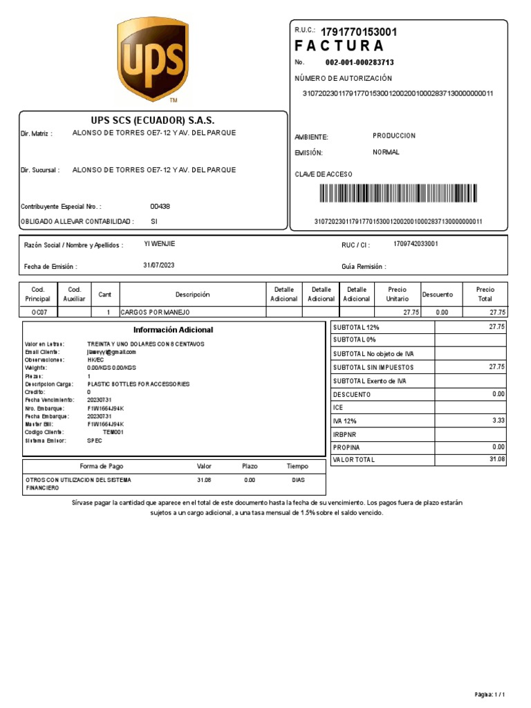 Factura: Ups Scs (Ecuador) S.A.S | PDF | Economias | Dinero