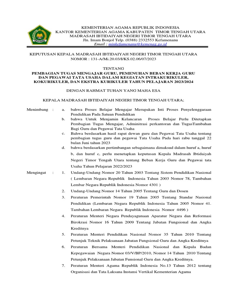 SK Pembagian Tugas Tahun 2023-2024 | PDF