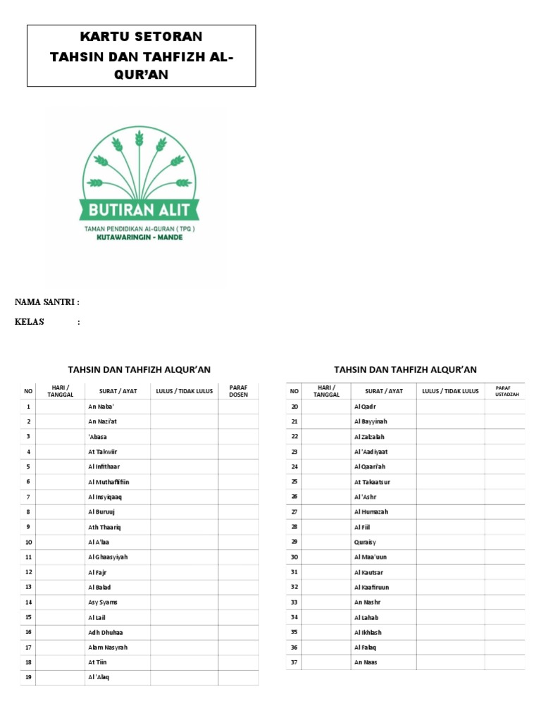 KARTU SETORAN JUZ 30 TPQ BUTIRAN ALIT | PDF