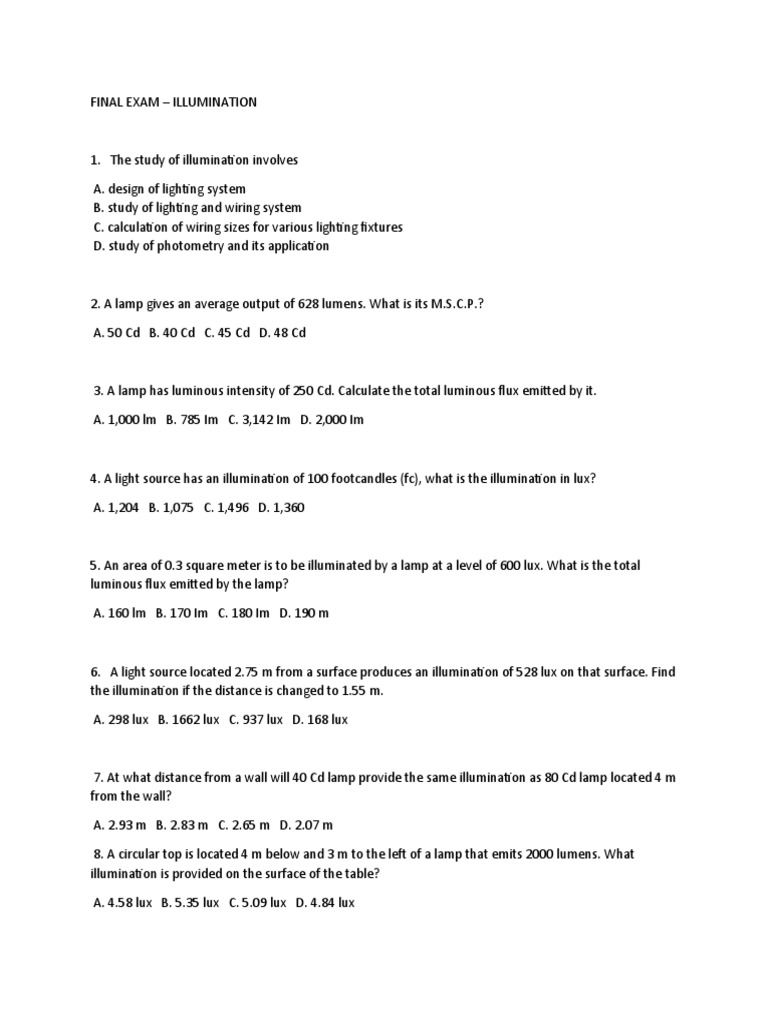 Illumination Exam Questions and Solutions | PDF | Teaching Methods ...