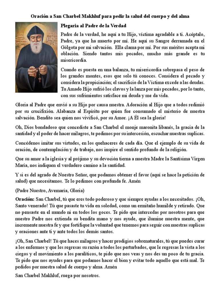 Oración a San Charbel Makhluf para pedir la salud del cuerpo y del alma | PDF | Oración | María ...