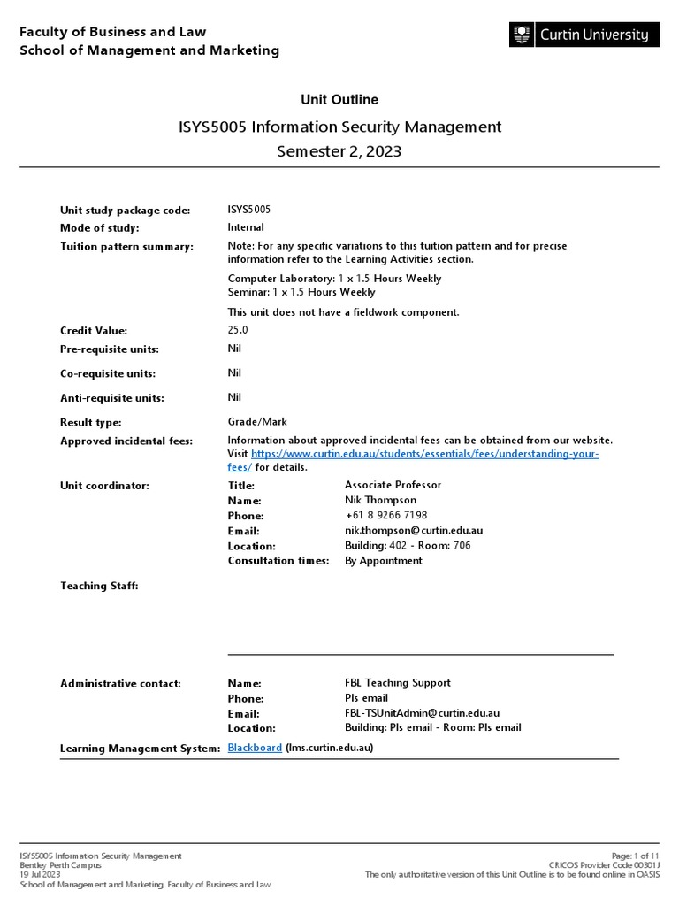 ISYS5005 Information Security Management Semester 2 2023 Bentley Perth ...