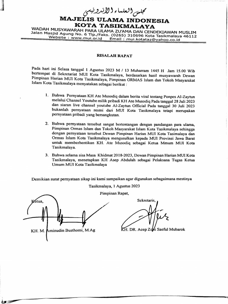 Risalah Rapat Mui Kotas 1 Agustus 2023 | PDF