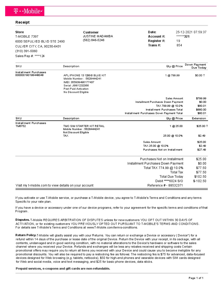 Iphone 13 Blue 128gb | PDF | T Mobile Us | Receipt