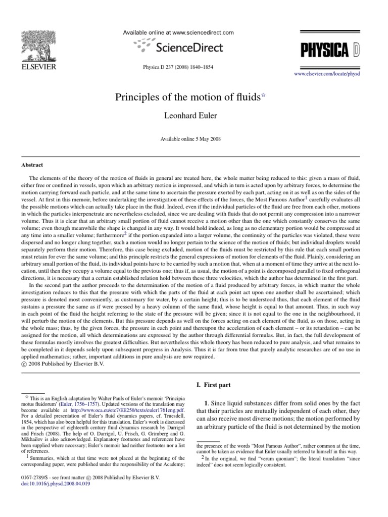 Fluid Dynamics: Euler's Principles | PDF | Force | Pressure