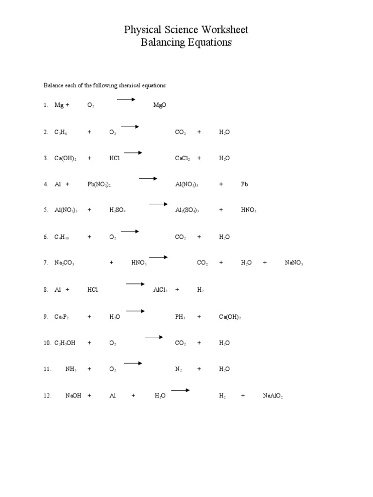 Balancing Equations Worksheet 1 | PDF | Science & Mathematics