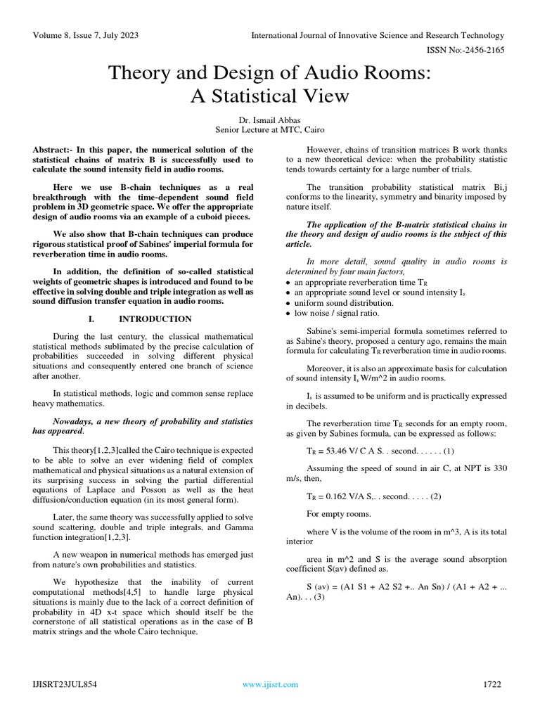 Theory And Design Of Audio Rooms A Statistical View Pdf Matrix Mathematics Mathematics