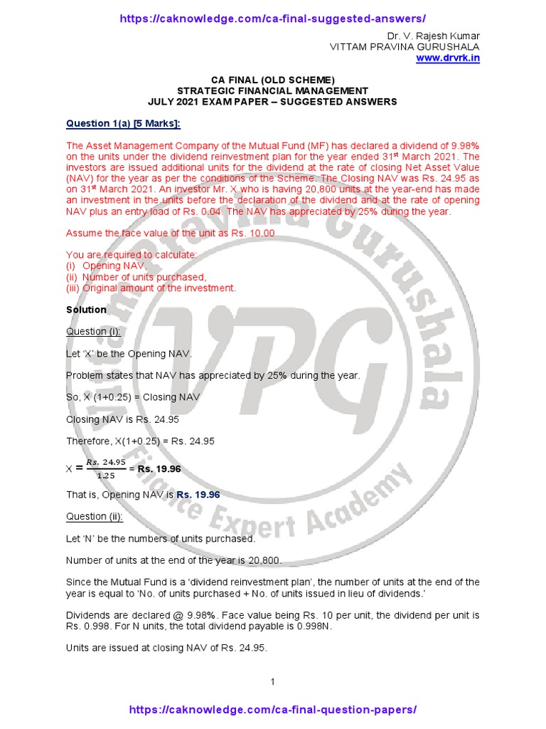 CA Final SFM Solution July 2021 Old Syllabus | PDF | Repurchase Agreement | Bonds (Finance)