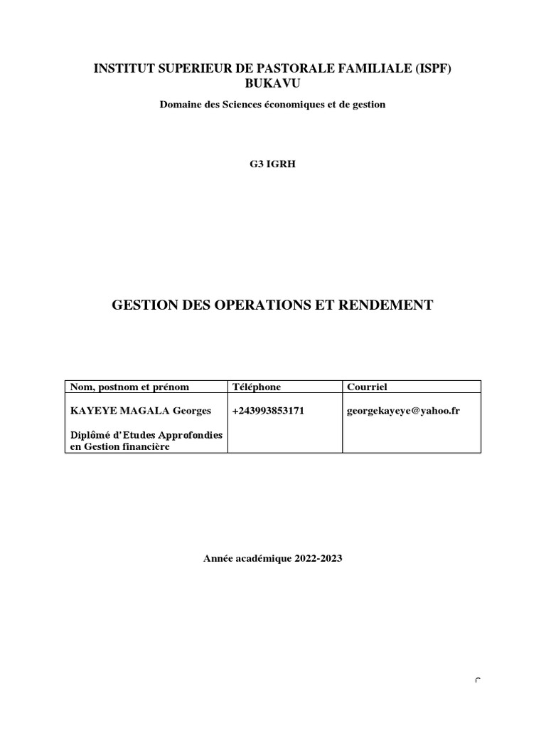Cours de Gestion Des Operations Et Rendement-Vf | PDF