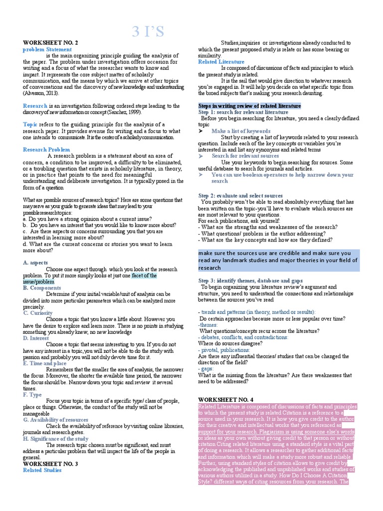 Problem Statement Related Literature: Worksheet No. 2 | PDF | Citation ...