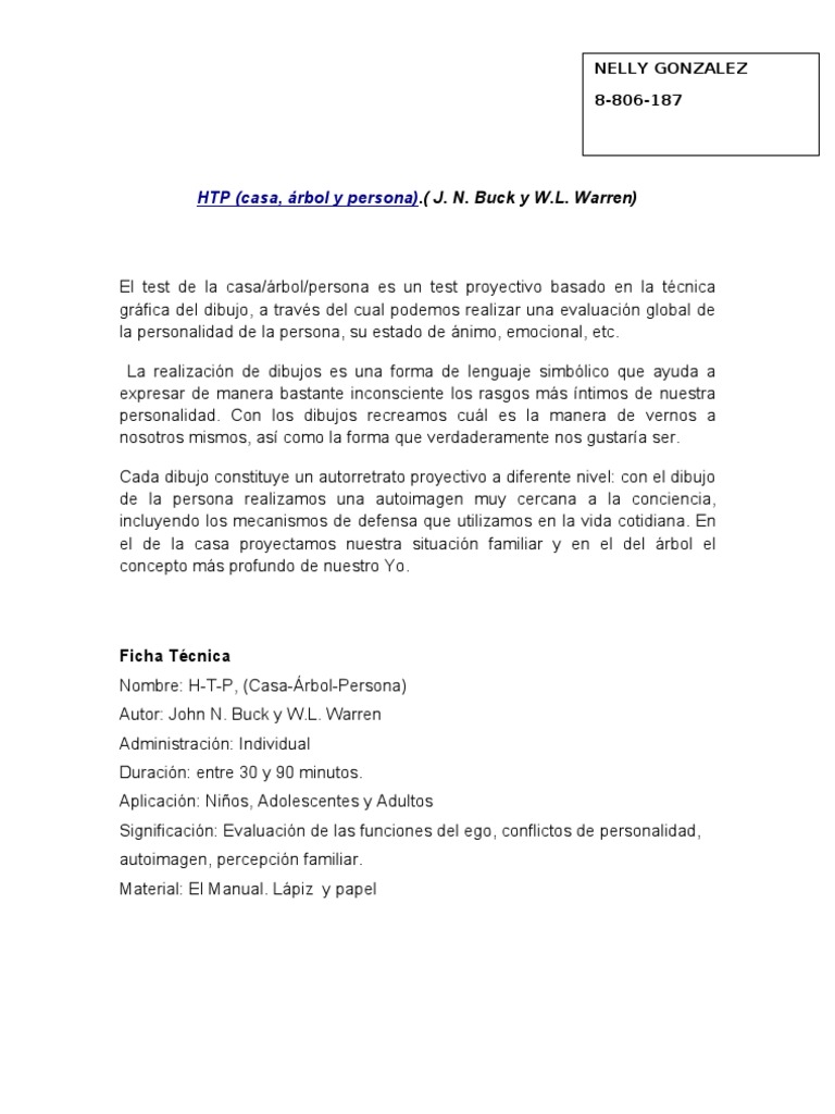 HTP (Casa, Árbol y Persona) : - (J. N. Buck y W.L. Warren) | PDF
