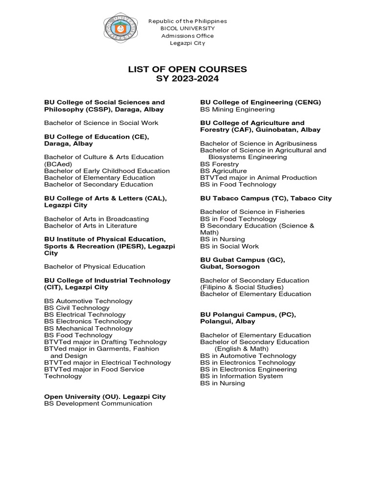 List Of Open Courses 2023 2024 PDF