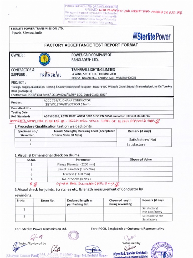 Factory Acceptance Test (FAT) Report Format of ACCC Dhaka Conductor | PDF
