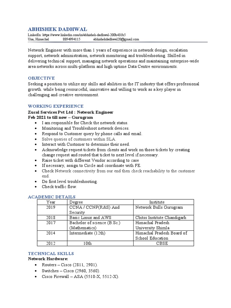 Abhishek Resume. | PDF | Computer Network | Telecommunications Standards