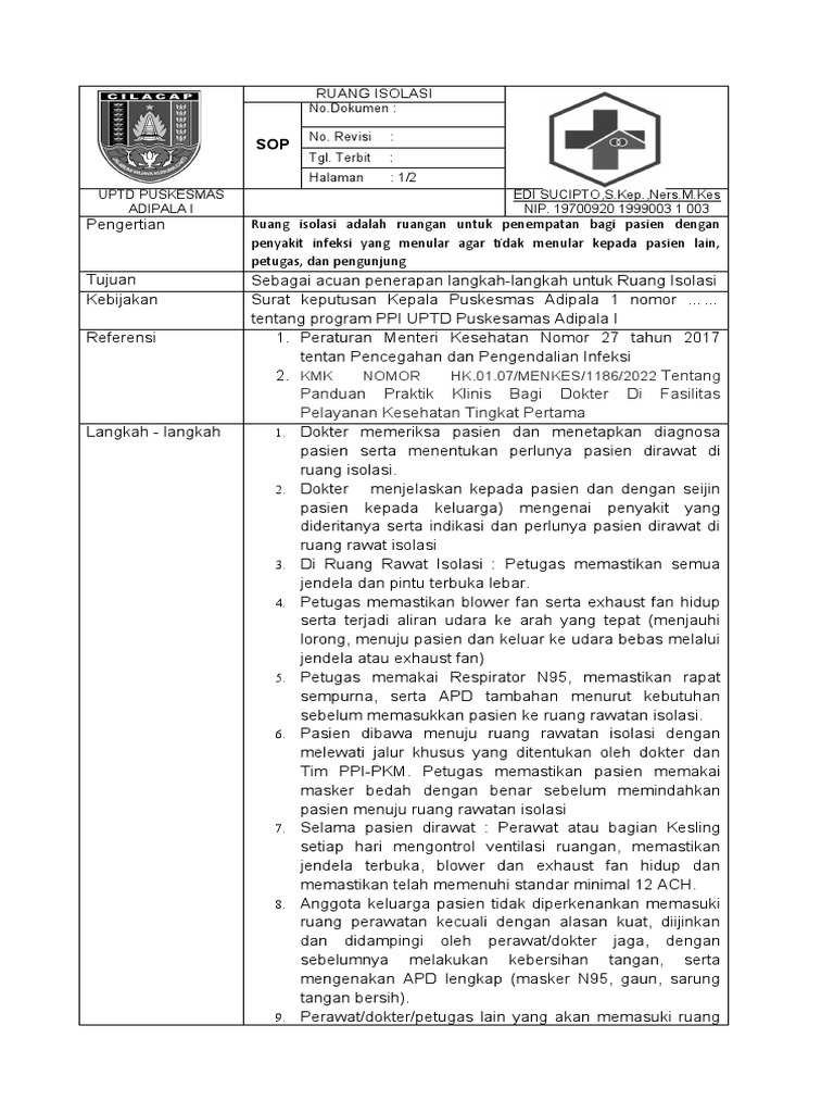 SOP Ruang Isolasi Puskesmas | PDF
