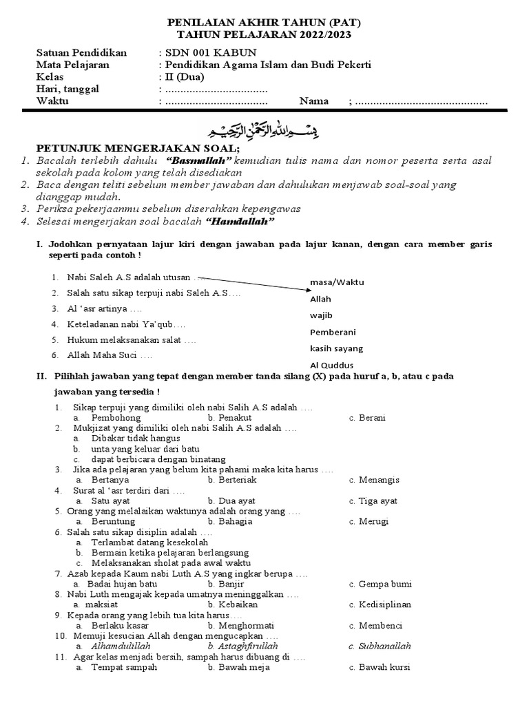 Soal PAT PAI Kelas 2 2023 (1) | PDF