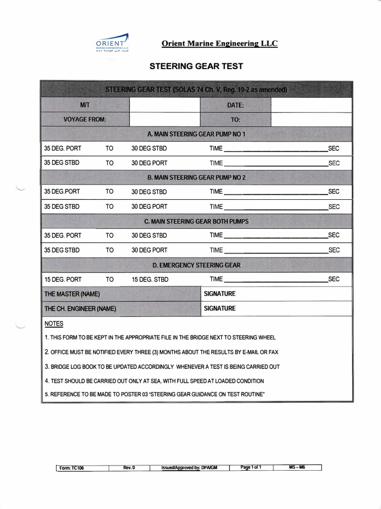 Form TC106 - Steering Gear Test | PDF